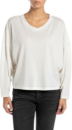 Replay Damen Langarmshirt mit V-Ausschnitt, Wei&szlig; (Butter White 412), M