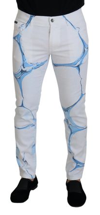 Dolce & Gabbana Mens White Blue Denim Cotton Jeans Stretch Skinny Fit Pant