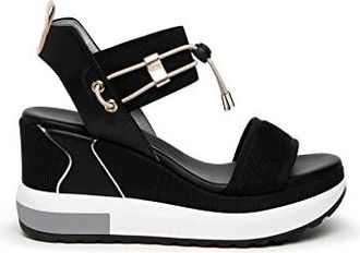 Nero Giardini E307753D Sandales Femme en Cuir Et Toile - Noir 39 EU