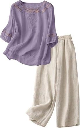 Generic Ensemble de costume d&eacute;contract&eacute; pour femme - Chemise brod&eacute;e en lin - Pantalon large - Ensemble deux pi&egrave;ces pour femme - Jupe daffaires, violet, XXL