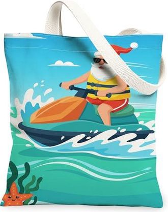 Generic Sac fourre-tout en toile avec motif P&egrave;re No&euml;l, motifs amusants, l&eacute;gers, lavables et r&eacute;utilisables pour la plage, les voyages, les pique-niques, bleu, 