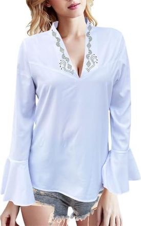 Generic Chemise à manches longues pour femme, coupe classique, vêtements 2025 tendance 2025 col en V, couleur unie, chemisier à manches longues pour femme, ch