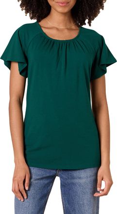 Amazon Essentials Damen Regular-Fit T-Shirt Kapärmel Offener Rundhalsausschnitt, Tannengrün, S