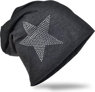 Miobo Jersey Slouch Beanie Long M&uuml;tze Stern mit Strass Stern Applikation,Anthrazit