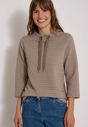 Cecil 3/4-Arm-Shirt CECIL, Damen, Gr. XXL (46), beige (urban taupe), Web, 75% Baumwolle, 23% Polyester, 2% Elasthan, gemustert, normal normal, hoch geschlos