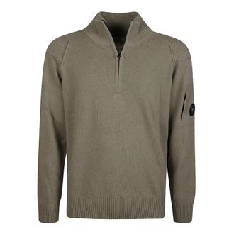 C.P. Company C.p. Company - Pull-over demi-zip en laine dagneau avec lentille - Homme - Pulls - Brun - Taille: XL