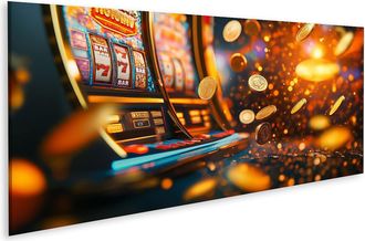 Islandburner Bild auf Leinwand Spielautomat mit fliegenden M&uuml;nzen im Casino Bilder Wandbilder Poster