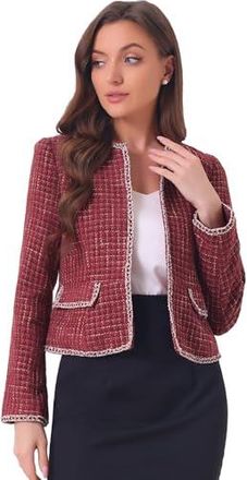 Allegra K Blazer à carreaux en tweed pour femme - Manches longues - Ouverture sur le devant - Veste courte pour le travail et le bureau, bordeaux, M