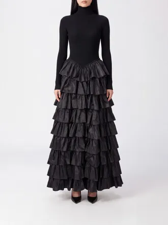 Elisabetta Franchi Robe de soir&eacute;e longue en maille avec col roul&eacute; et volants