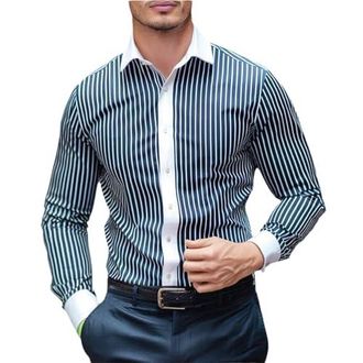 Generic Chemise formelle &agrave; manches longues pour homme, coupe ajust&eacute;e, rayures verticales, chemises britanniques, col &agrave; revers, haut daffaires urbain &eacute;l&eacute;gant, 