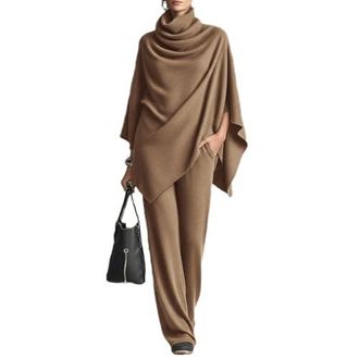 Generic Tenues 2 pi&egrave;ces pour femme - Col roul&eacute; - Ch&acirc;le - Chauve-souris - Hauts tricot&eacute;s - Cape - Poncho - Pantalon large - &Eacute;l&eacute;gant drap&eacute; - Ensemble deux pi&egrave;ce