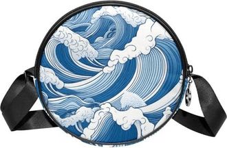 Generic Sac &agrave; bandouli&egrave;re rond rond pour femme, motif vagues de mer, avec fermeture &eacute;clair, bretelles r&eacute;glables, style d&eacute;contract&eacute;