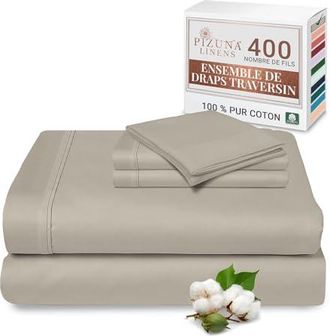 Pizuna Taupe Simple 100% Coton Parure de Lit 2 180x200 Personne avec Traversin, Satin de Coton Mercerisé 400 Fils 1 Drap Housse, 1 Drap Plat, 2 Taie Oreiller