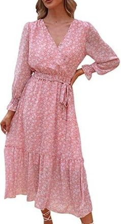 Generic Robe boh&egrave;me 2026 pour femme, imprim&eacute; floral, manches longues, col en V, ceinture pliss&eacute;e, ligne A, rose, M