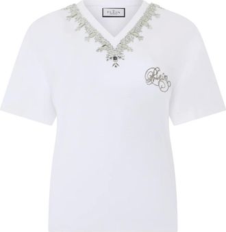 Philipp Plein Femme, Tops, Blanc, Taille: 40 FR V-Neck T-Shirt Crystals