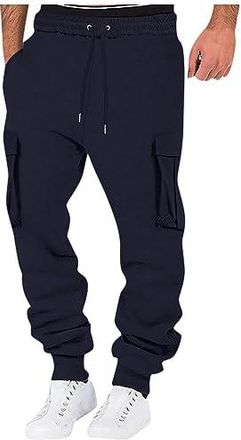Generic Pantalon de surv&ecirc;tement cargo doubl&eacute; en polaire pour homme - Coupe ample avec plusieurs poches - Style urbain d&eacute;contract&eacute; et utilitaire, bleu marine, 