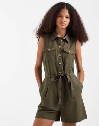 Vero Moda Combishort fonctionnel aspect lin avec liens &agrave; la taille - Kaki-Vert