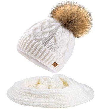 morefaz Ensemble Bonnet et écharpe Femme Laine Mohair Bonnet dhiver Tricotée Polaire Pom Pom (Ecru Set Bonnet & Echarpe)