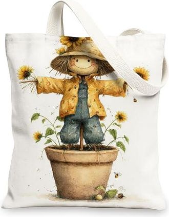 Generic Sacs fourre-tout fantaisistes en toile dépouvantail - Motif tournesol vintage - Réutilisables - Légers et lavables - Pour plage, voyage, pique-nique -