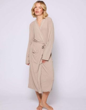 Loungeable Gerippter Kimono-Bademantel in Hellbeige, 120 cm-Braun