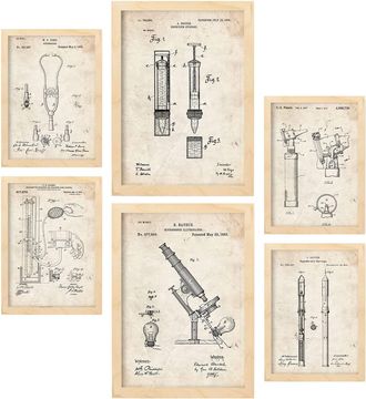 Nacnic Set von 6 Plakaten mit Medizin Patenten. Plakate mit Retro-Patentabbildungen. Inneneinrichtung im Vintage-Stil. Gr&ouml;sse A4 und A3. Mit Rahmen
