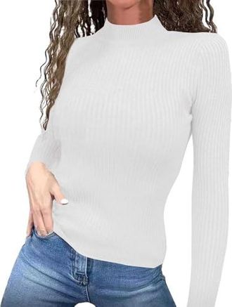 Generic Pull tricoté à manches longues et col montant pour femme - Coupe ajustée - Chaud et épais - Automne et hiver - Élégant haut de base, blanc, S