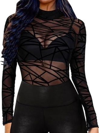 Generic T-Shirt Transparent en Dentelle &agrave; Manches Longues pour Femme Haut Femmes Chic et &eacute;l&eacute;gant Tee Shirt &agrave; Col Montant Sexy pour Femme,Gris,S,F856A