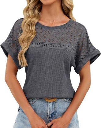 Generic Chemisier d&eacute;contract&eacute; &agrave; manches courtes et col rond pour femme | Chemise d&eacute;t&eacute; l&eacute;g&egrave;re textur&eacute;e pour un usage quotidien, le bureau, les vacances d&eacute;contr