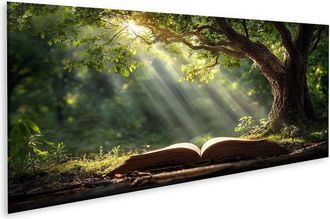Islandburner Prime Bild auf Leinwand Magisches Baumlicht und offenes Buch im Wald für Wohnzimmer Naturfreunde Buchhandlung Bilder Wandbilder Poster