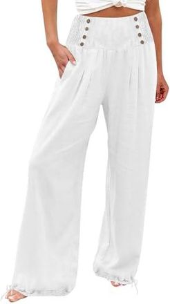 Generic Pantalon en Lin Ete Femme D&eacute;contract&eacute; Fluide Pantalon Ample D&eacute;contract&eacute; en Coton et Lin pour Femmes Couleur Unie Boutons Linen Pants Women Ample L&eacute;ger