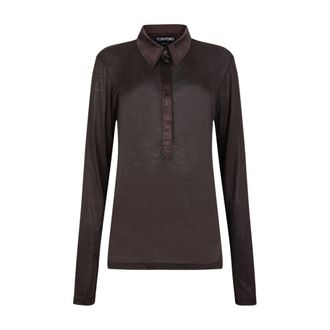 Tom Ford Femme, Tops, Brun, Taille: 46 FR Haut en Soie Marron avec Col Structuré