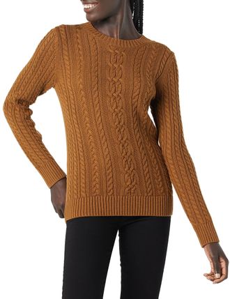 Amazon Essentials Damen Weicher Fisherman Cable Langarm-Pullover Mit Rundhalsausschnitt (In Übergröße Erhältlich), Dunkles Kastanienbraun Meliert, L