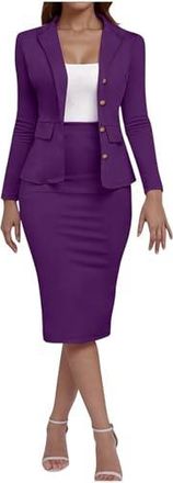 Minetom Tailleur Femme Ensemble de Costume 2 Pi&egrave;ces Manches Longues Veste Blazer et Jupe Crayon El&eacute;gant Formel Bureau Travail Slim Fit Ensemble B Violet 3XL