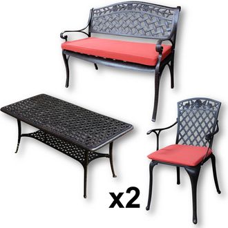 Lazy Susan | Claire Rechteckiger Garten Beistelltisch mit 1 x Rose Gartenbank und 2 x Rose St&uuml;hlen | Gartenm&ouml;bel Set aus Metall, Antik Bronze | Rostschutz | (Rot