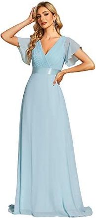Ever-pretty Robe De Soirée Style Long Manches Volantées Col en V Jupe Trapèze Robe Femme Chic Et Elegant Bleu Ciel 44