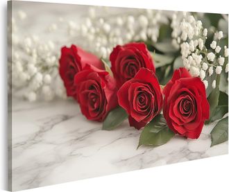 Islandburner Bild auf Leinwand Rote Rosen und Schleierkraut auf Marmorhintergrund Bilder Wandbilder Poster