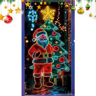 Generic Weihnachten Haust&uuml;r Abdeckung - Weihnachtsmann Und Weihnachtsbaum Fluoreszierende 2D Flache Fotostall Hintergrund | Festliche T&uuml;rabdeckung | Geeignet 