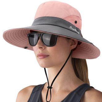 Dreshow Damen Sonnenhut Outdoor UV-Schutz Hut Faltbar Mesh Breite Krempe Angeln Pferdeschwanz Strand Eimer H&uuml;te mit Sonnenbrille