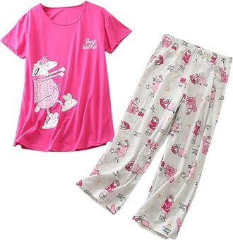 Generic Lot de 2 pyjamas pour femme - Pantalon 3/4 - Coton - Manches courtes - Pyjama imprim&eacute; - V&ecirc;tement de nuit mignon - Deux pi&egrave;ces - Avec pantalon de pyjam