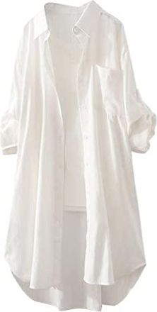 Minetom Chemisier Long Femme Casual Blouse Longue À Carreaux Chemise Shirt Tunique Lâche Manches Longues Boutons Hauts Tops B Blanc XXL