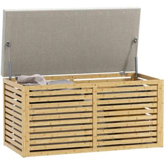HOMCOM Banc de rangement - HOMCOM - rembourr&eacute; tissu aspect lin - couvercle et structure en bambou - 90 x 42 x 43 cm - gris et naturel