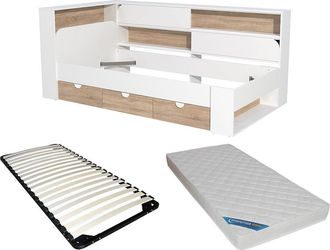 Vente-Unique Bett 90 x 190 cm mit Stauraum - Farbe: Weiß und natürlich + Lattenrost + Matratze - TAMADU