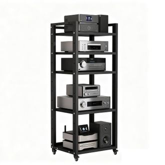 Generic HiFi Rack Plattenregal Druckerregal 5-stufige AV-Medienst&auml;nder HiFi-Regal Mit Rollen Multimedia-Rack Offenes Lagerregal F&uuml;r Home Office Kino(Black3)