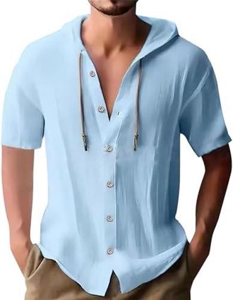 Generic Chemise &agrave; capuche boutonn&eacute;e &agrave; manches courtes avec cordon de serrage pour homme - S&eacute;chage rapide - Coupe d&eacute;contract&eacute;e - Chemise d&eacute;t&eacute; l&eacute;g&egrave;re - Couleur 