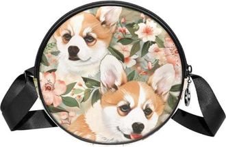 Generic Petit sac &agrave; bandouli&egrave;re rond pour femme, motif floral Corgi avec fermeture &eacute;clair, bretelles r&eacute;glables, sac &agrave; main rond d&eacute;contract&eacute; pour femmes et fil