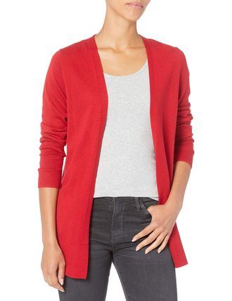 Amazon Essentials Damen Leichter Cardigan mit offener Vorderseite (Erhältlich in Übergröße), Rot, Größe L