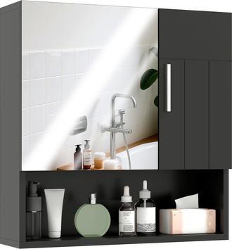 Kleankin Storage Bathroom Mirror with Adjustable Shelves, Badspiegel mit 2 Türen und offenem Regal aus Holz und Glas, 54x15,2x55,3 cm, Schwarz