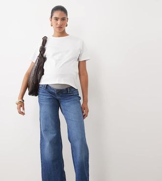 Mama Licious Mamalicious Maternity jean large jambe par-dessus le ventre en denim bleu moyen