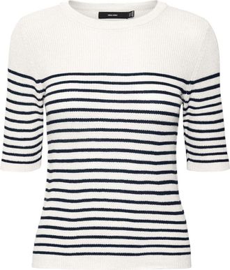 Vero Moda Vero Moda Womens VMNEWLEXSUN 2/4 Tight O-Neck BLOU GA REP Pullover, Snow White/Detail:W Navy Blazer Stripes, XS