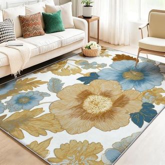 Generic Tapis de Salon Chambre Salle &agrave; Manger Adulte Bureau Design Fleurs R&eacute;tro Poil Court Fin Doux L&eacute;ger R&eacute;sistant 120 x 180 cm, Bleu Clair Or